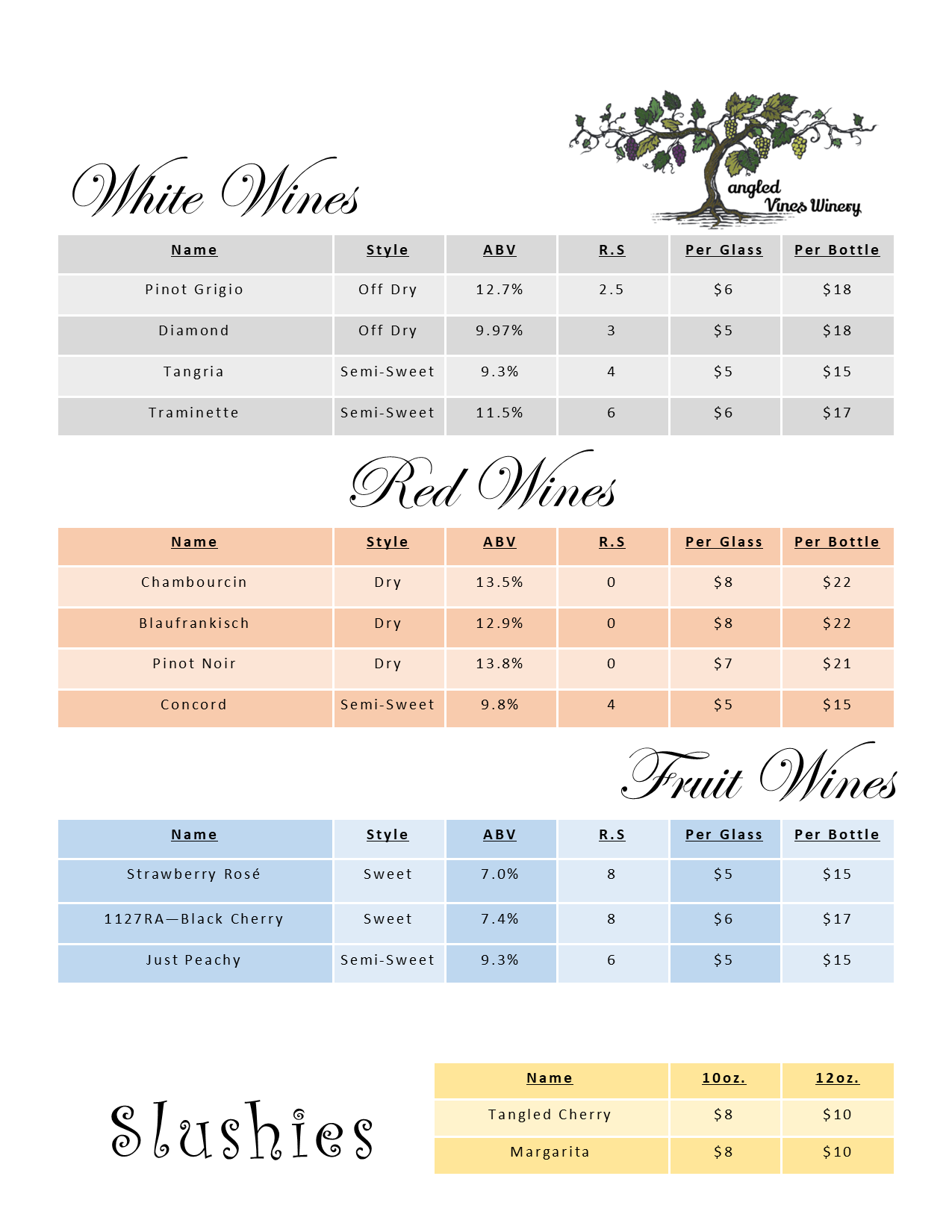 Wine List / Menu – Tangled Vines Winery